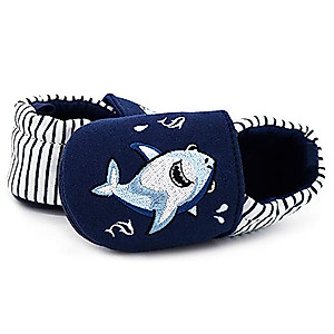 Timatego Toddler Baby Boys Girls Shoes Non Skid Slipper Sneaker Moccasins Infant First Walker House Walking Crib Shoes(6-24 Months) 01 Navy Shark, 12-18 Months Toddler