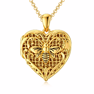 SOULMEET 18K Gold Plated Heart Shaped Honeycomb Bee Locket Necklace That Holds 1 Picture, 20" (Locket only)