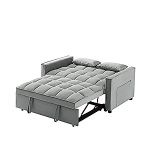 FULife Bed Convertible Sofa Pull-Out Sleeper, Loveseat Futon Sofá Chair w/Adjustable Reclining Backrests,Side Pockets&2 Pillows,Velvet Small Love Seat Lounge Couch, Grey-b