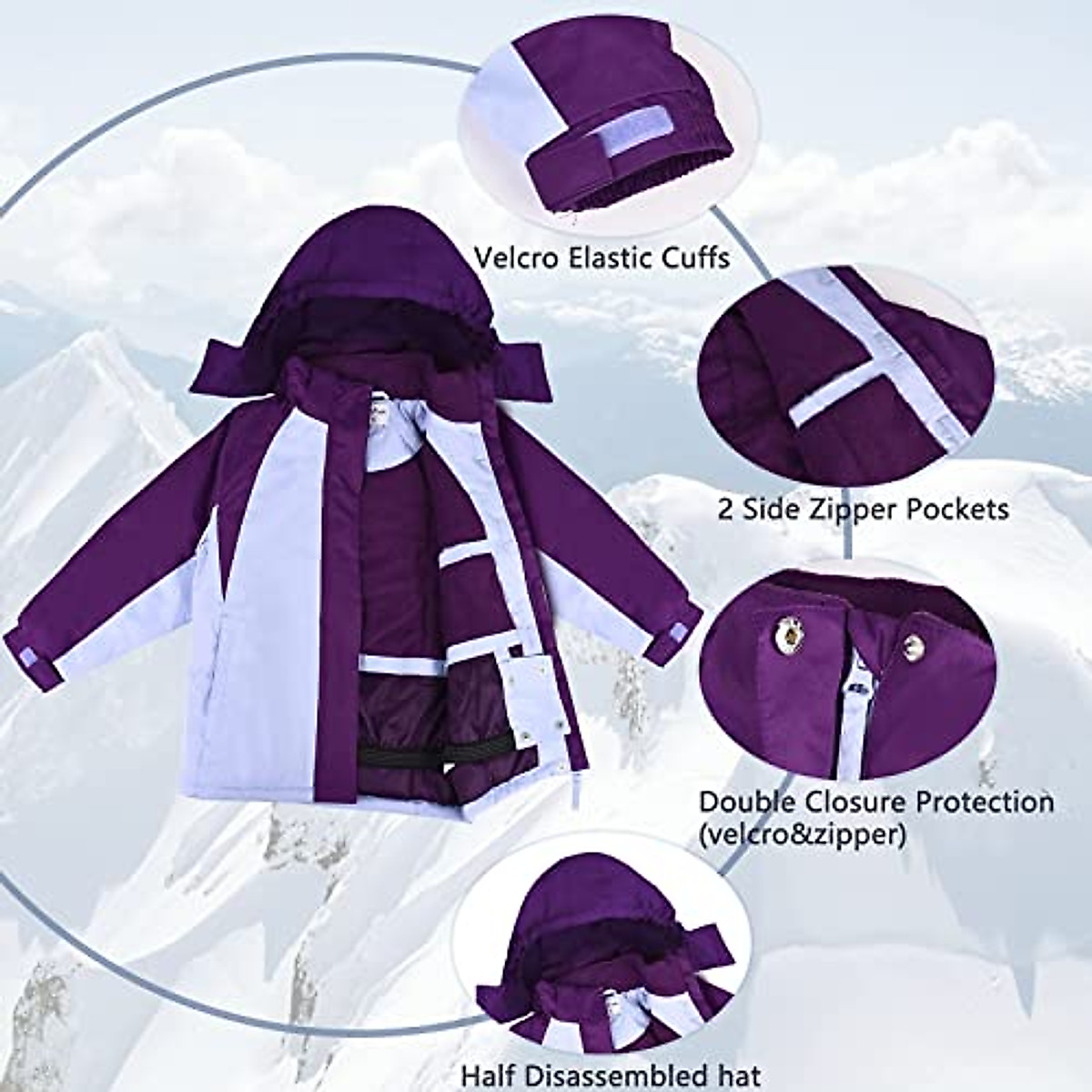 YINGJIELIDE Girl's Waterproof Ski Jackets,Kids Warm Winter Snow Coat,Fleece Lined Hooded Outerwear,Snowboarding Windproof Lilac 9-10 Years