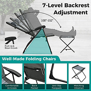 GYMAX Patio Chairs with Ottomans, Outdoor Recliner Set of 2 with 7-Level Backrest, Armrest, Detachable Headrest & Back Pocket, Padded Folding Camping Lounger for Lawn Balcony Backyard (2)