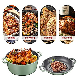 5.5 Quart Enameled Cast Iron Dutch Oven, 2-In-1 Enamel Oven with Skillet Lid for Grill, Stovetop, Induction (Gray Green)