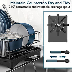 YASONIC Dish Drying Rack with Drainboard Small Stainless Steel Dish Drainer with Swivel Spout - Dish Racks for Kitchen Counter- Rustproof Dish Rack with Removable Utensil Holder - Black