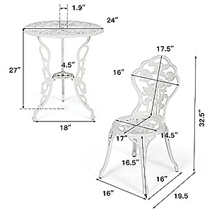 Giantex 3 Piece Bistro Set, Cast Aluminum Porch Furniture, Outdoor Patio Dining Table and Chairs with Umbrella Hole for Balcony Backyard Garden Poolside (White Rose Pattern)
