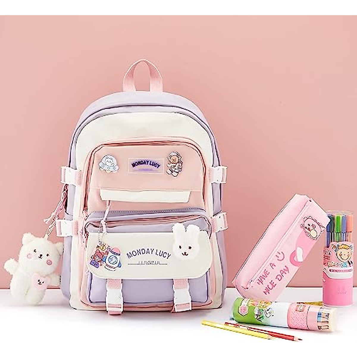 Aesthetic Cute Kawaii Backpack with Kawaii Pin and Pendants Accessories, Mochilas Para Ninas Bookbag Waterproof Nylon Material | Durable & Adorable 17"
