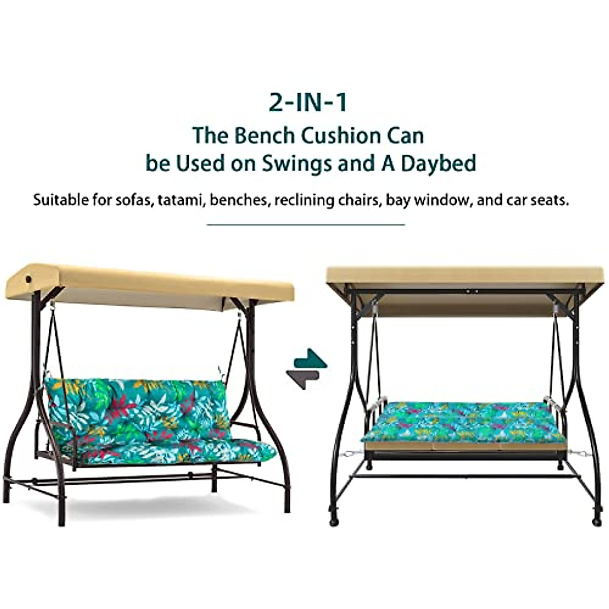 Zacammy Swing Replacement Seat Cushions, 2-3 Seater Bench Cushions for Outdoor Furnitur with Backrest, Garden Recliner Seat Cushions Waterproof Sofa Pads (Green Flowers 60x40in)