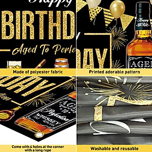 Whiskey Birthday Party Decorations for Men, Large Black Gold Aged to Perfection Birthday Poster Party Supplies, Whiskey Themed Cheer and Beer Themed Happy Birthday Banner Backdrop Photo Booth Props