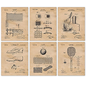 Vintage Tennis Patent Prints, 6 (8x10) Unframed Photos, Wall Art Decor Gifts Under 25 for Home ATP WTA Office Gears Garage Studio Shop School Gym College Student Teacher Coach Team Champion Champs Fan
