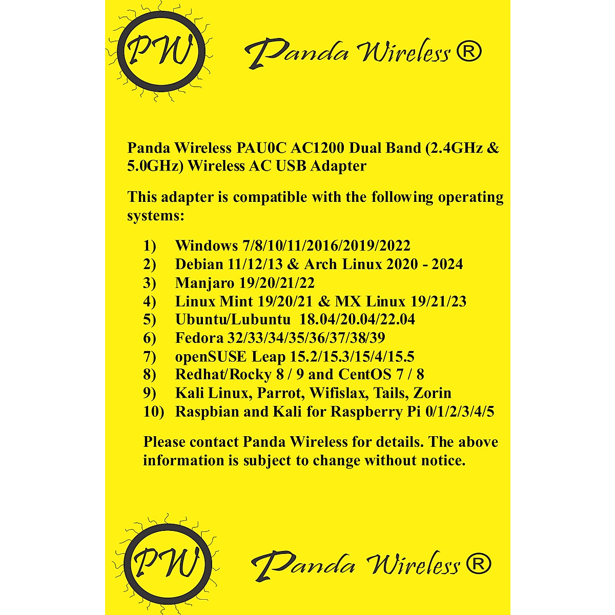 Panda Wireless® PAU0C AC1200 Dual Band Wireless-AC USB Adapter - Windows 7/8/10/11/2019/2022, Chrome OS, Zorin, MXLinux, Mint, Ubuntu, Fedora, openSUSE, Rocky, Lubuntu, Kali Linux and Raspbian