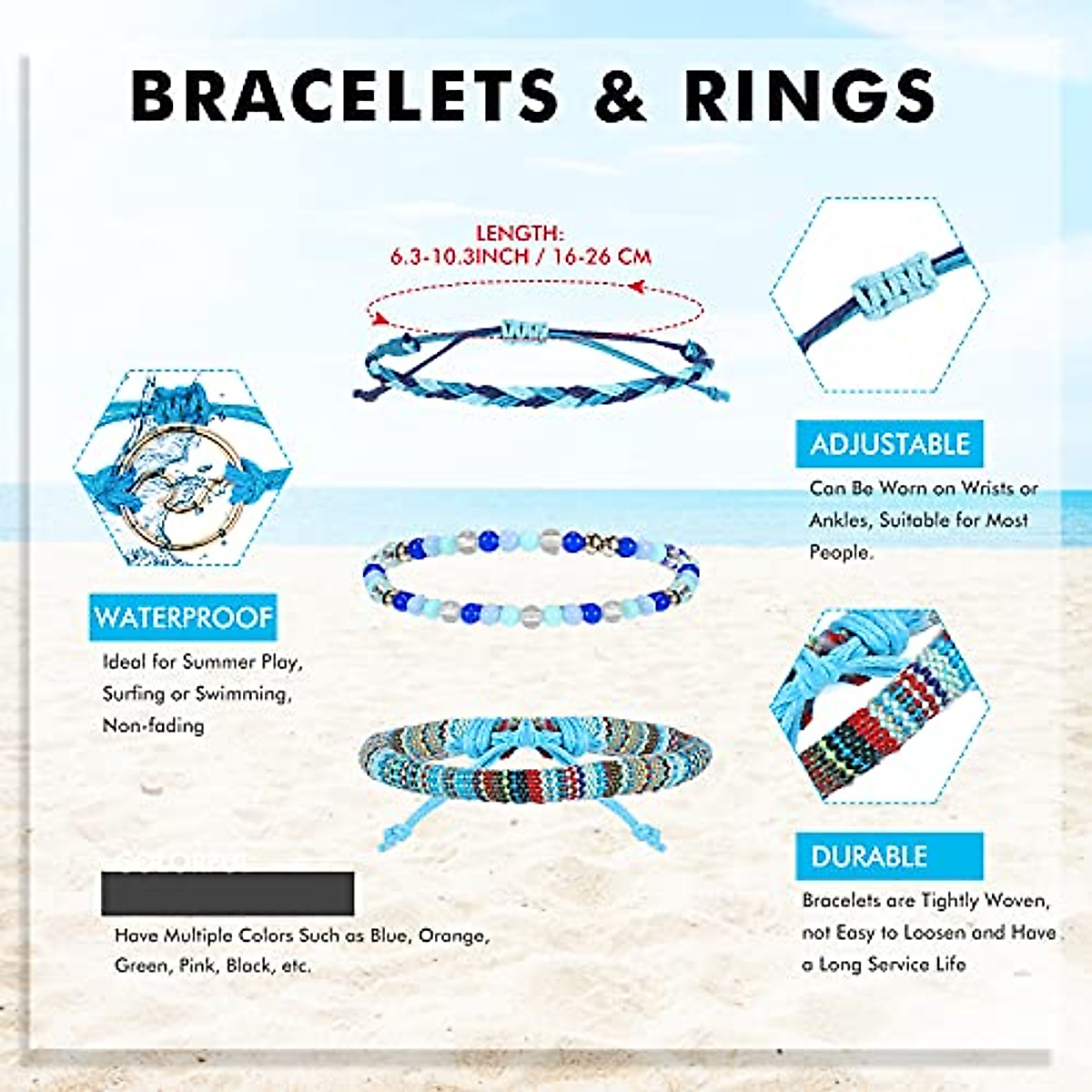 Henoyso 57 Pieces Surfer Strand Wave, Braided Stretch Friendship Woven Rope Bracelets Adjustable Waterproof Handmade Wax Wrap Anklet Sunflower Beach Bracelets for Girls Women (Summer Style)
