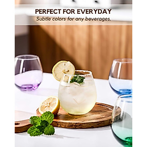 ColoVie 15 oz Stemless Wine Glasses Set of 6, Large Colored Wine Glasses, Short Wine Glass Set for Red Wine, White Wine, No Stem Margarita Glasses