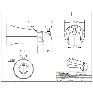 Westbrass A531D-1F-62 5-1/4" Reach Wall Mount Tub Spout with Front Diverter, Zinc, Matte Black