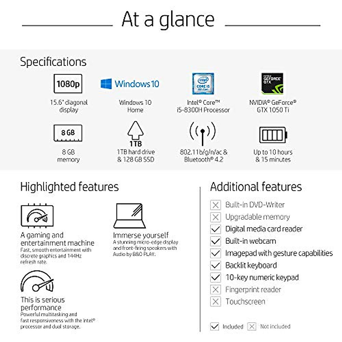 HP Pavilion Gaming 15-inch Laptop, Intel Core i5-8300H Processor, NVIDIA GeForce GTX 1050 Ti 4 GB, 8 GB RAM, 1 TB hard drive and 128 GB SSD, Windows 10 Home (15-cx0030nr, Black)