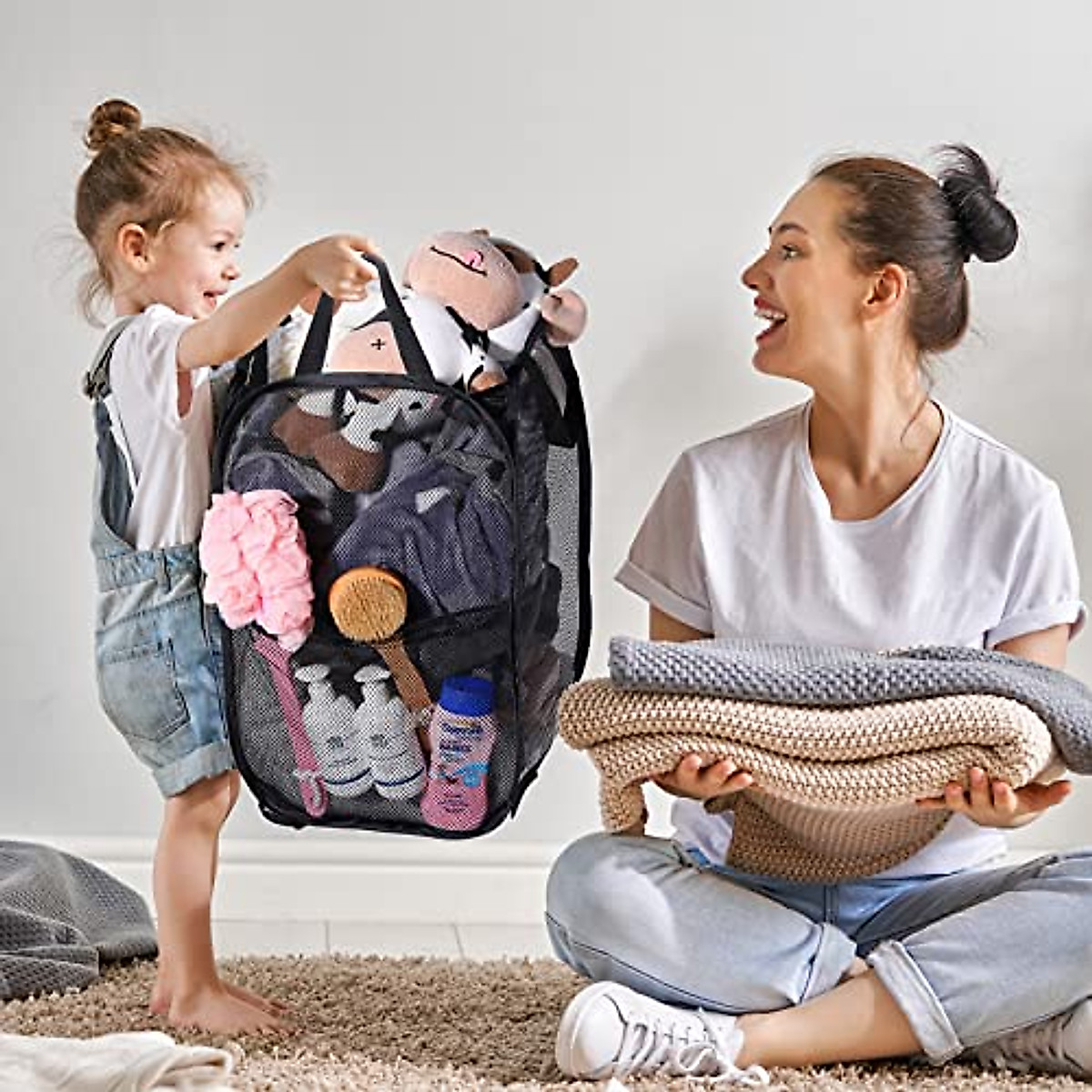 4 Pack Pop Up Laundry Hamper Mesh Clothes Baskets Collapsible Laundry Baskets with Side Pocket Folding Laundry Hamper Foldable Laundry Bag with Handles for Travel Kids Room College Dorm Storage