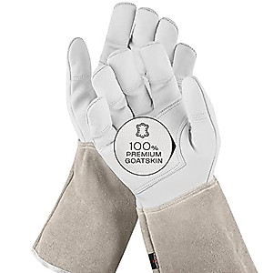 NoCry Long Leather Gardening Gloves for Women and Men; Near Thorn Proof for Cactus, Rose and Blackberry Pruning, General Yard Work and Garden Gloves; Reinforced Palms and Fingertips; Beige; Medium