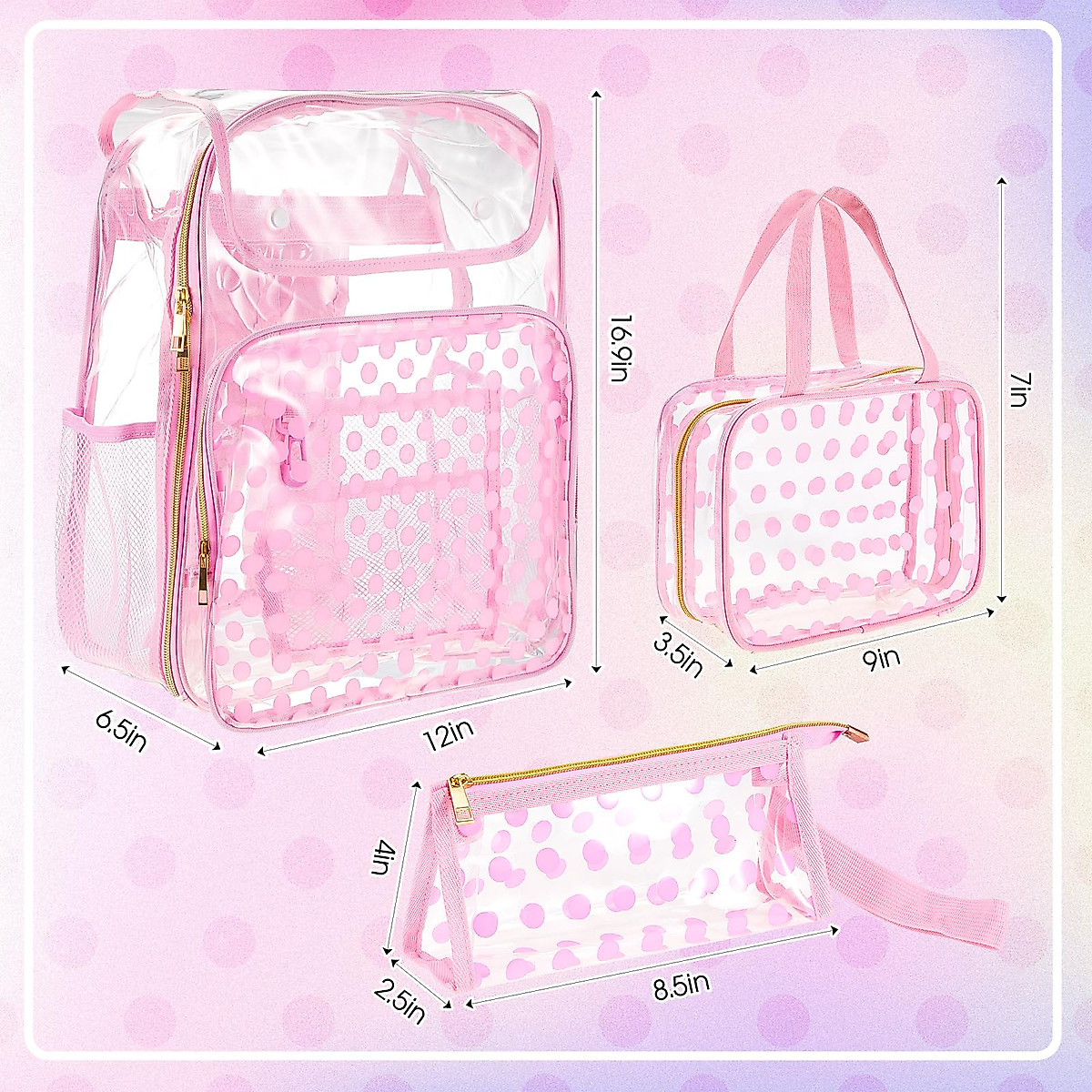 Sanwuta 3 Pcs Clear Backpack for Girls Pink Dots See Through Transparent Backpack Set Heavy Duty School Stadium Approved Book Bag with Lunch Pouch and Pencil Pouch for Kids Girls Boys