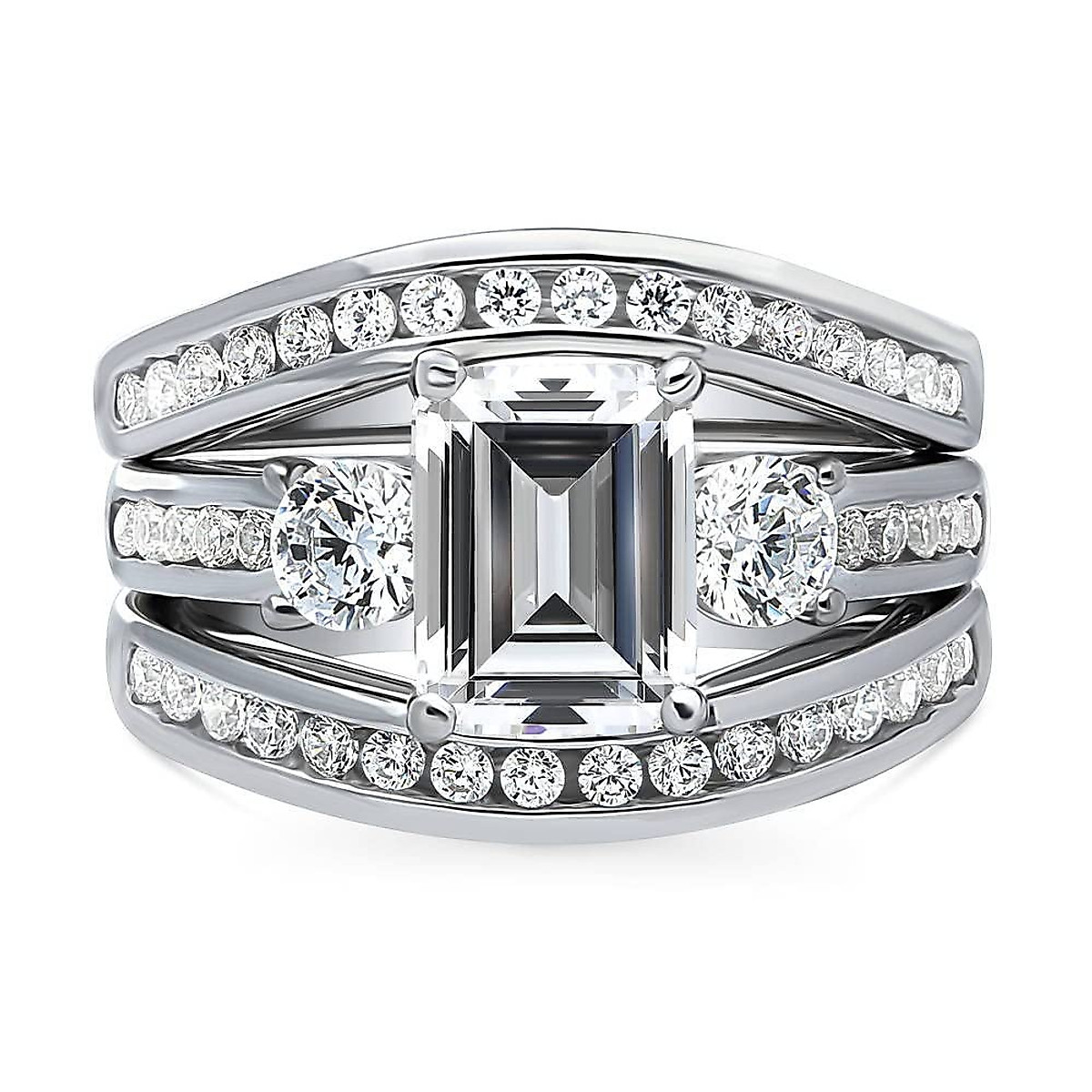 BERRICLE Sterling Silver 3-Stone Wedding Engagement Rings Emerald Cut Cubic Zirconia CZ Ring Set for Women, Rhodium Plated Size 7.5
