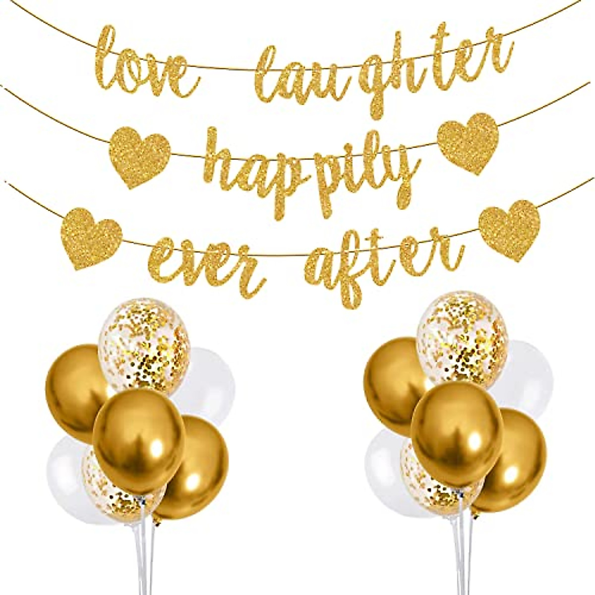 15Pcs Love Laughter and Happily Ever After Banner Gold- Wedding Shower Decorations, Bridal Shower Decorations, Bachelorette, Bridal & Engagement Party Decorations (Pre-Strung Signs)