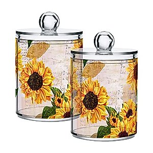 JUMBEAR 2 Pack Sunflower Qtip Holder Dispenser with Lid, 14 oz Clear Plastic Apothecary Jar Set for Bathroom Vanity Organizers Storage Containers