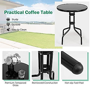 Custpromo Patio Bistro Set, Reinforced Glass Top and Rust-Proof Steel Frame, 3 Piece Foldable Garden Table and Chairs, Black