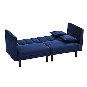 Lepfun Futon Bed Convertible Velvet, Modern Sleeper Sofa with 2 Pillows, 3 Adjustable Angles for Backrest,Living Room Couch with 7 Sturdy Metal Legs,Upholstered Loveseat for Home,Office,Navy Blue