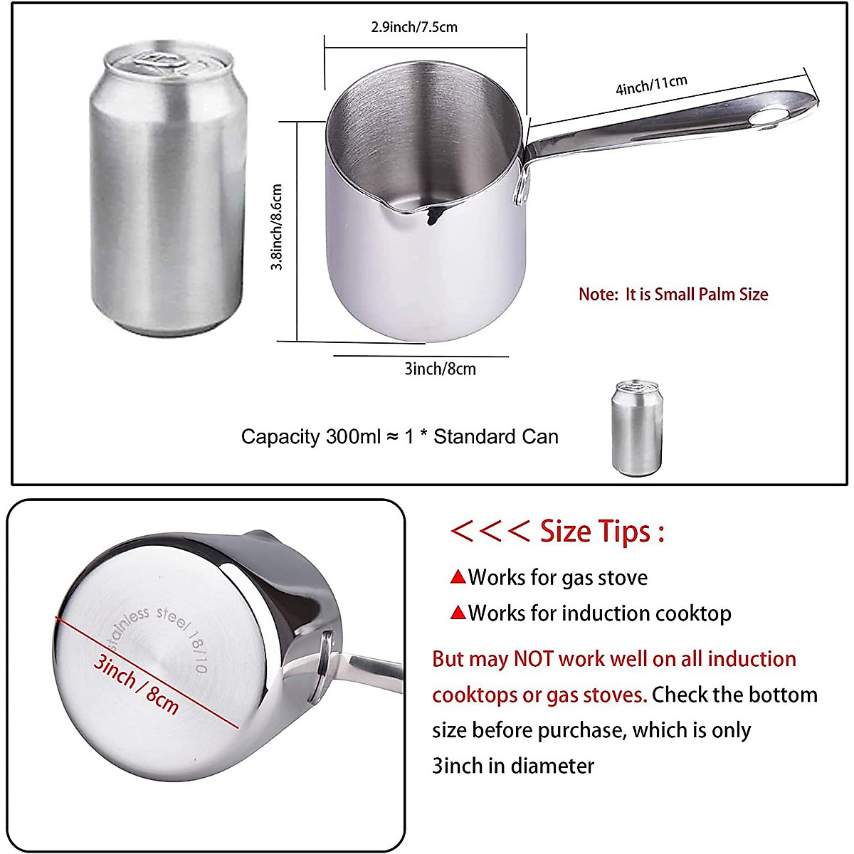 IMEEA Butter Warmer Turkish Coffee Pot Milk Warmer Pot Mini Saucepan with Spout 18/10 Tri-Ply Stainless Steel (12oz/370ml)