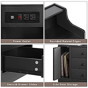 Tiptiper Nightstand with Charging Station and Hutch, Black Night Stand with 3 Storage Drawers End Side Table with 1 Door, Modern Bedside Table for Bedroom, 17.7D x 14W x 26.8H in