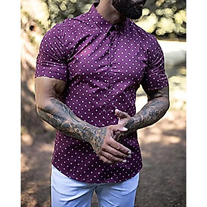 Mens Polka Dot Shirt Muscle Fit Button Down Short Sleeve Button Up Dress Shirts Purple S