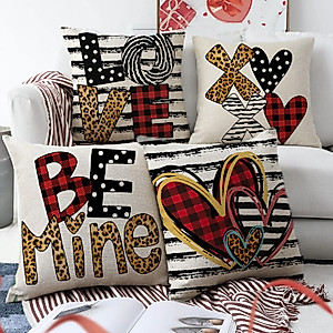 Fjfz Valentine's Day Decorative Throw Pillow Cover 18x18 Set of 4, Be Mine Love Leopard Red Buffalo Plaid Check Black Polka Dot Striped Anniversary Wedding Home Decor Farmhouse Cushion Case for Couch