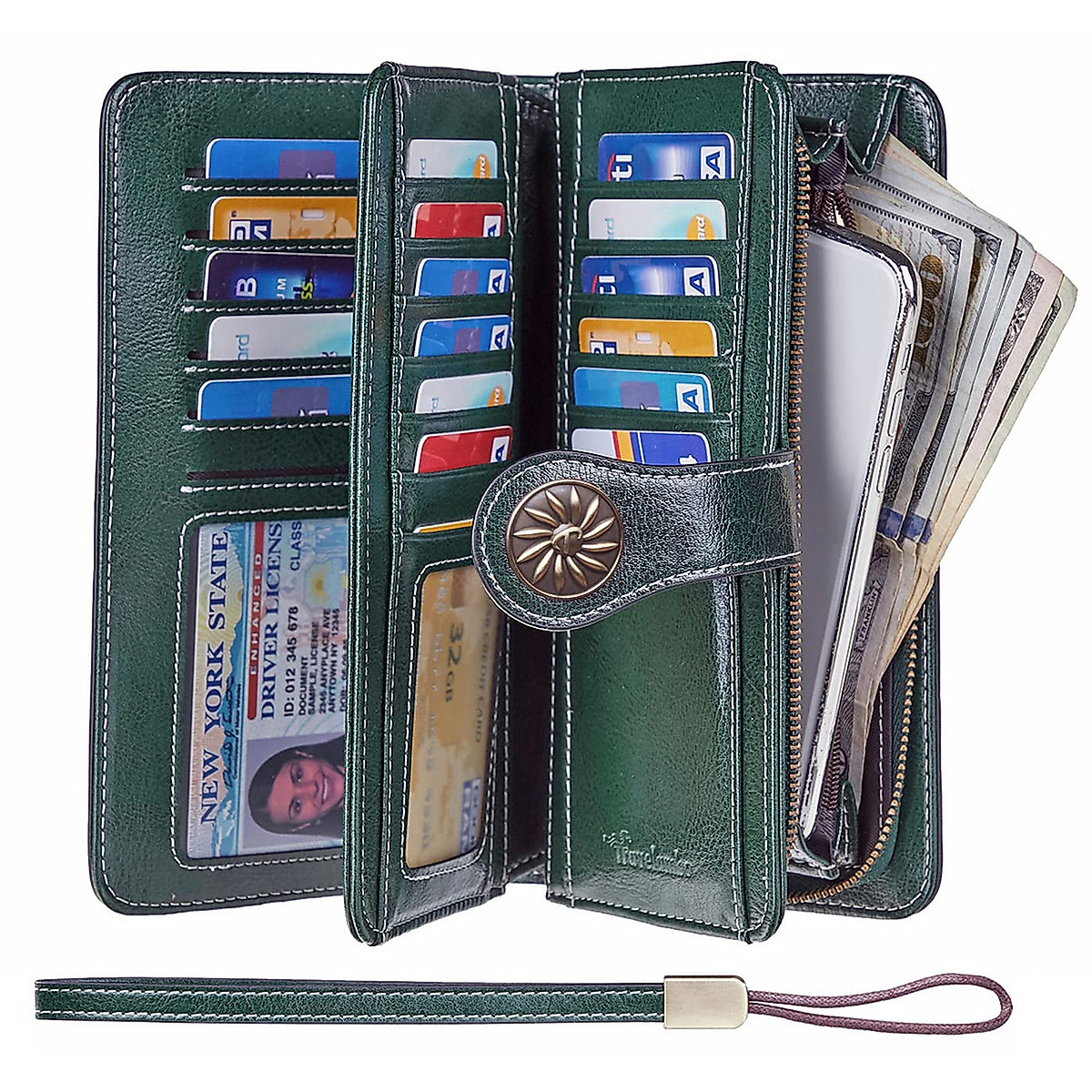 Travelambo Womens Wallet Large Capacity RFID Blocking Genuine Leather Wristlet Wallets(Green)