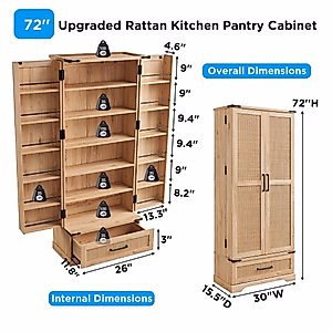 ACCOHOHO 72" Tall Rattan Kitchen Pantry Cabinet with Drawer, Boho Storage Cabinet with 2 Rattan Doors and Shelves, Versatile Large Cabinet for Dining Room, Bathroom, Living Room, Laudry, Natural Oak