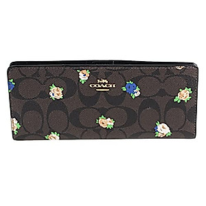 COACH Womens Slim Wallet In Leather (IM/Brown Black Multi With Vintage Mini Rose Print)