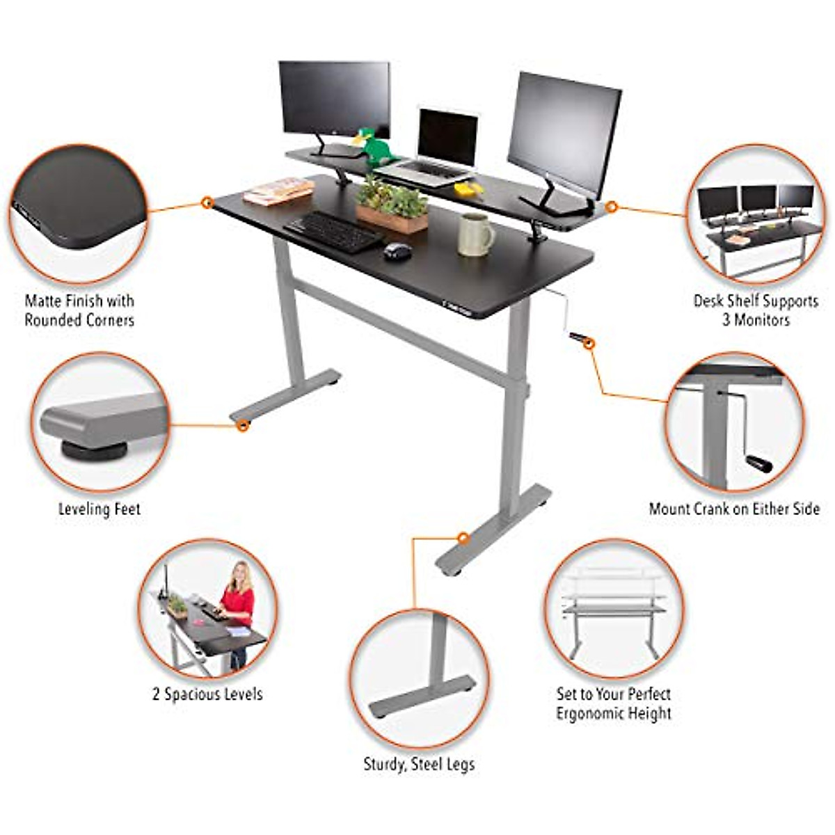 Stand Steady Tranzendesk 55 in Standing Desk with Clamp On Shelf | Easy Crank Height Adjustable Stand Up Workstation w/Attachable Monitor Riser | Holds 3 Monitors & Adds Desk Space (55/Silver Base)