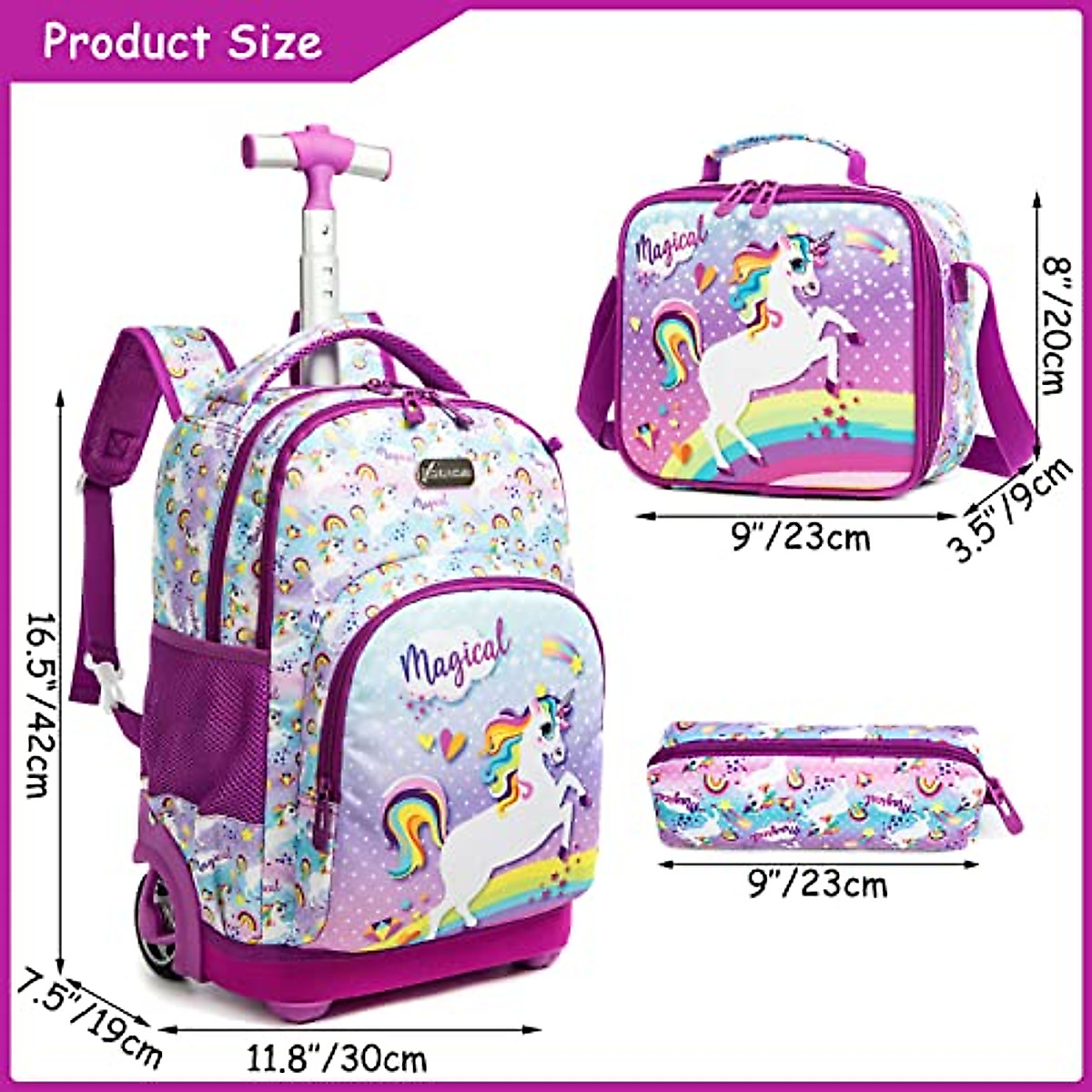 Oruiji Rolling Backpack for Girls Backpack with Wheels Unicorn Kids Wheeled Backpack for School with Lunch Box Trolley Wheeled Backpack Luggage Suitcase for Teen Girls