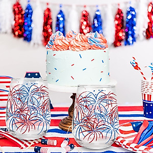 Whaline 2Pcs Patriotic Stemless Wine Glasses 17oz Red Blue Firework Drinking Glasses Firework Tumbler Cups Independence Day Party Cups for Celebration 4th of July Party Supplies Kitchen Decor Gifts