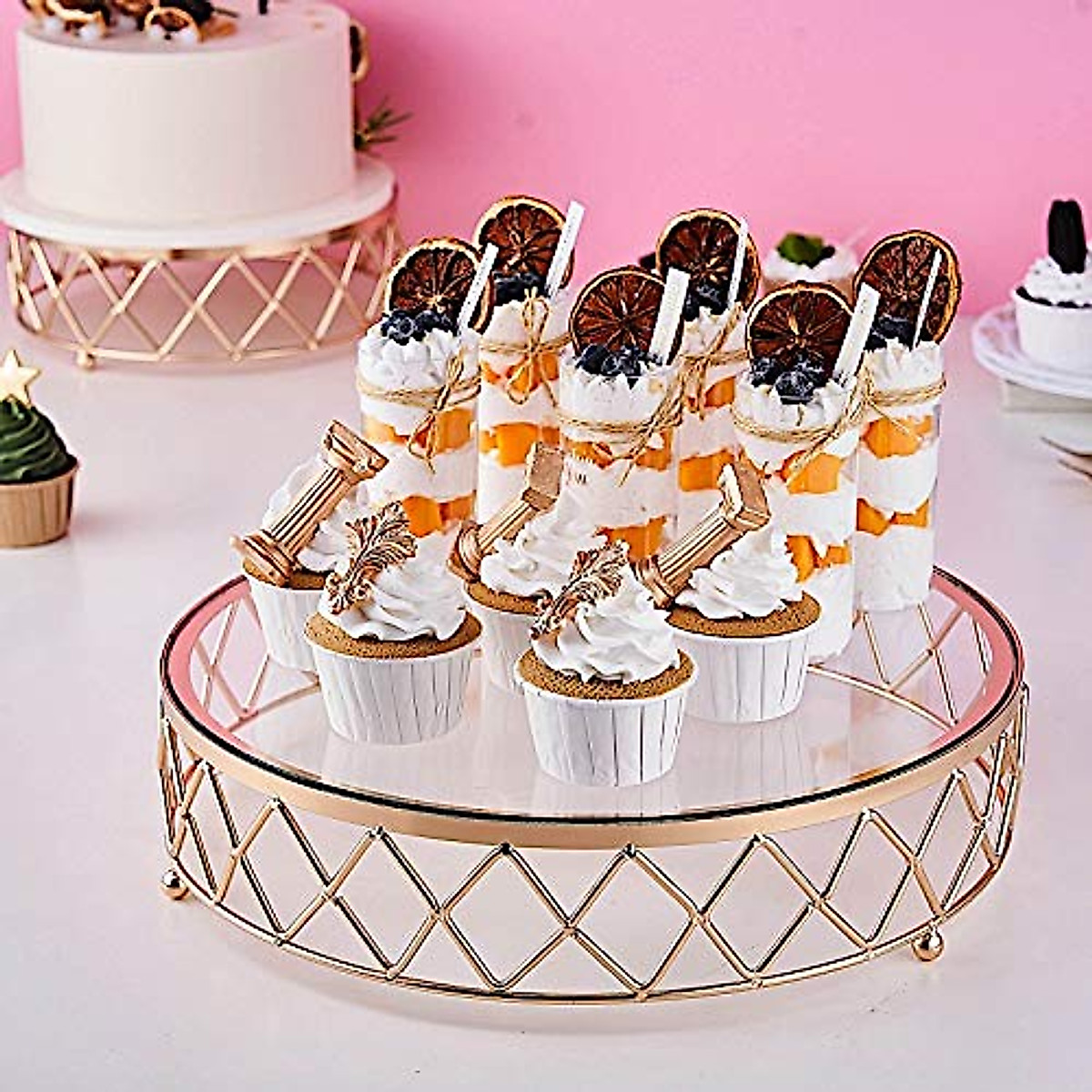 BalsaCircle Gold Clear 14-Inch Round Metal Glass Geometric Cake Stand - Wedding Birthday Party Dessert Pedestal Display Decorations