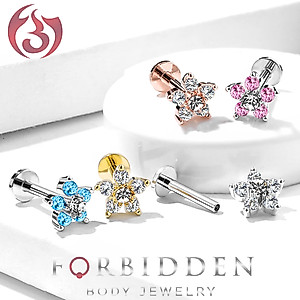 Forbidden Body Jewelry 16g 6mm Internally Threaded Cartilage/Tragus/Labret/Monroe Stud w/Double Tier Floral Top, Clear