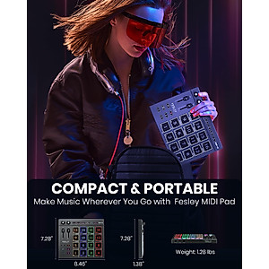 Fesley MIDI Controller Professional, Beat Maker Machine with 16 Beat Pads, MPC with 2 Assignable Fader & Knobs, Portable MIDI Pad Controller, Beat Machine for Music Making