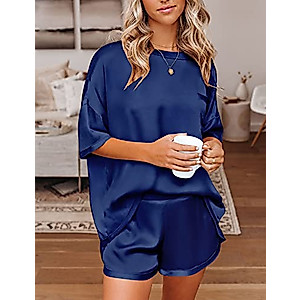 SWOMOG Womens Satin Pajamas Sets Solid Short Sleeve T-Shirt Tops with Shorts Sleepwear Summer Pjs Loungewear Navy Blue
