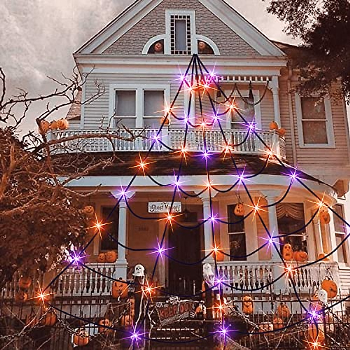 Dazzle Bright 135 LED Spider Web Halloween Lights, 16FT x 13FT Giant Halloween Decorations for Indoor Outdoor House Garden Yard Party (Purple & Orange)