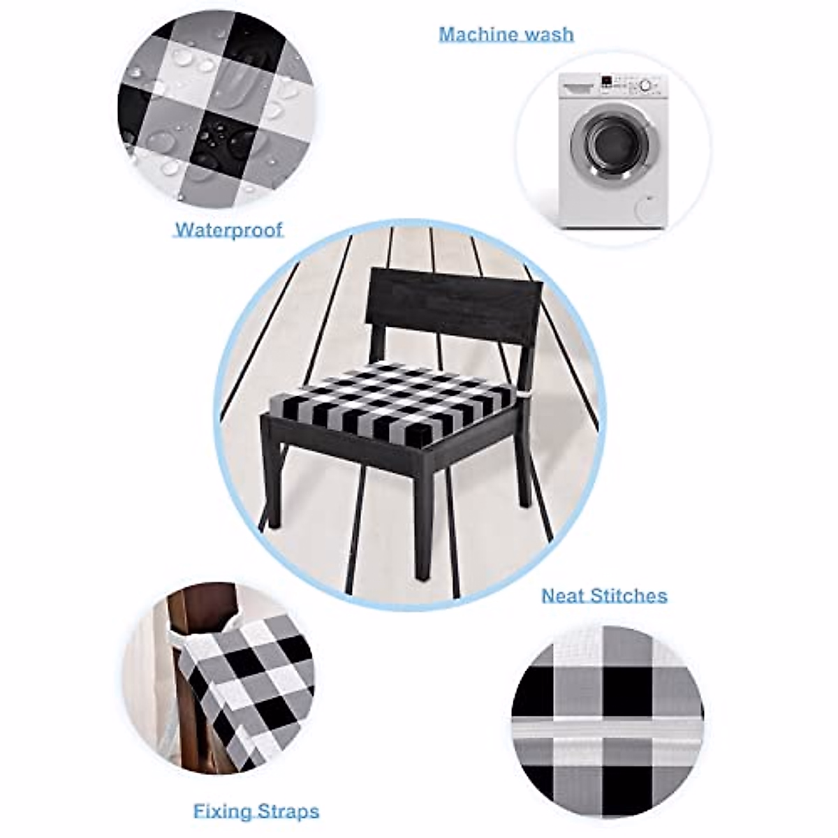 Prime-Home Indoor/Outdoor Waterproof Seat Cushion Cover, Black and White Buffalo Plaid Patio Chair Seat Cushion Slip Cover 4 Pack Chair Cushion Cover with Ties 20''x18'' Farm Style