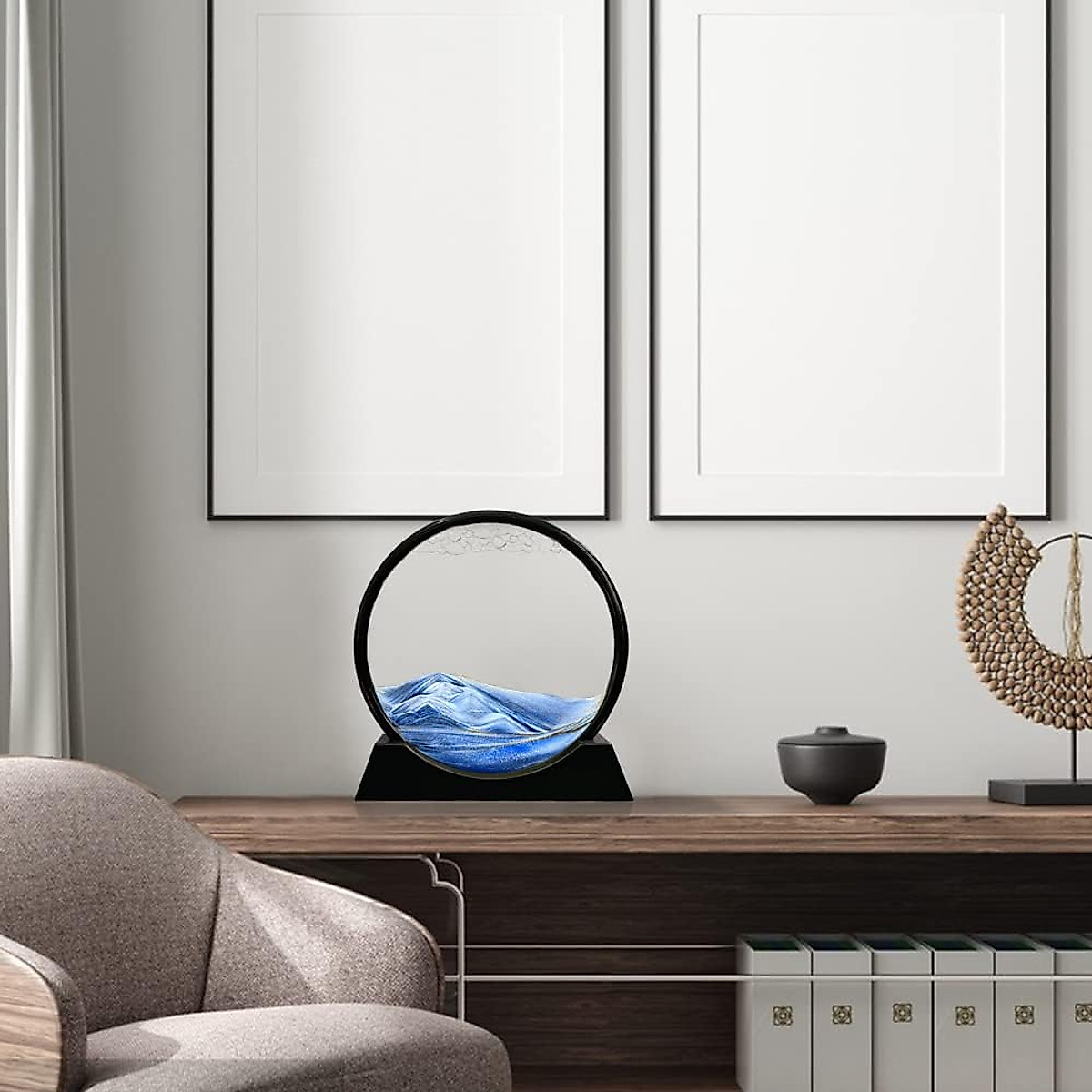 Feilicraft Moving Sand Art Picture Round Glass Frame Sandscapes 3D Deep Sea Display in Motion Dynamic Flowing Grit Photo Hourglass Desktop Art Home Office Decoration Party Gift (12‘’, Blue)