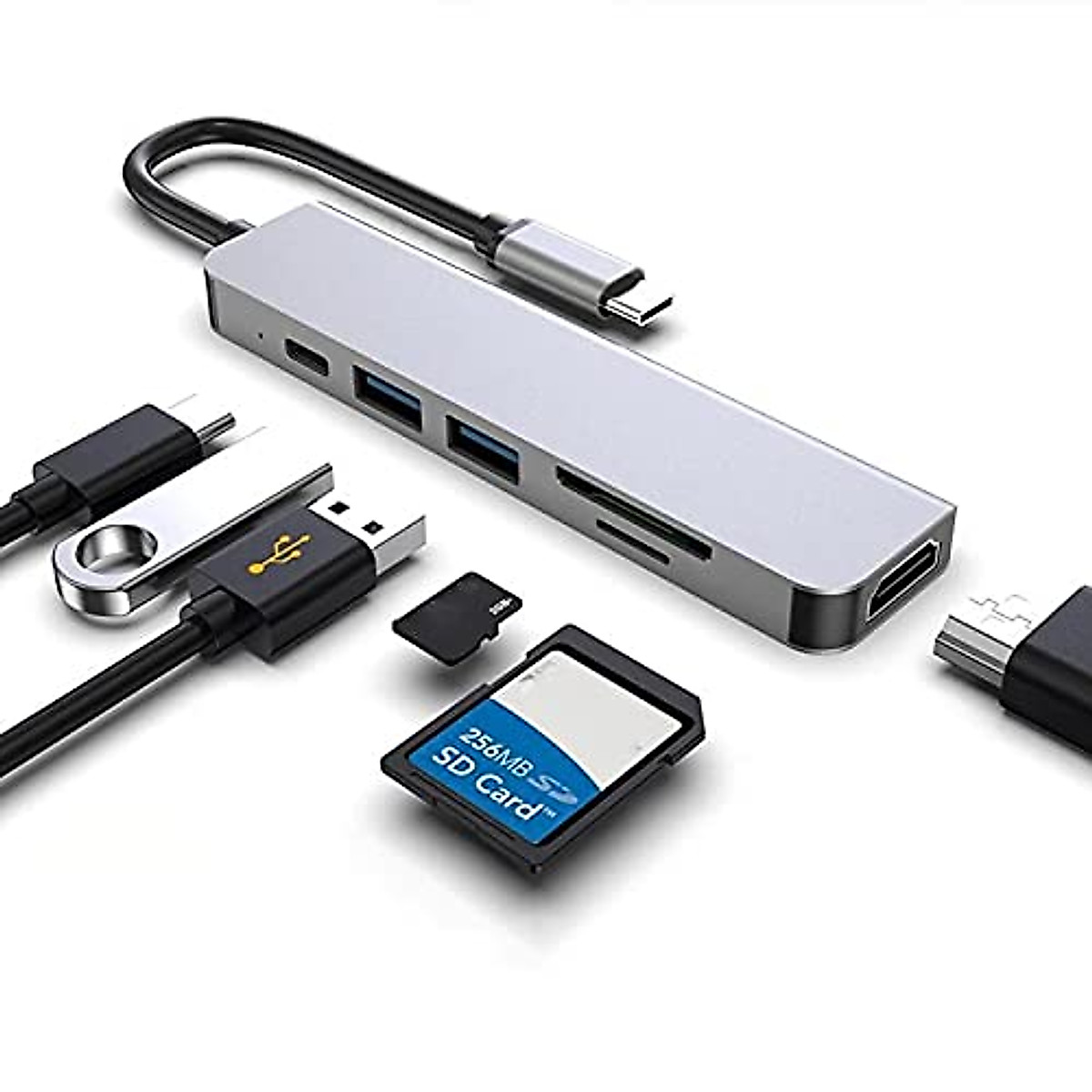 USB C Hub, 6-in-1 Type C Adapter Mini Docking Station with 4K HDMI, 2 USB 3.0 Ports, SD/TF Card Reader, 65W Power Supply Compatible with iPad Pro/MacBook/Type C Devices (USB-C-6 in 1)
