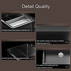 Black Single Bowl Undermount Modern Stainless Steel Nano Kitchen Sink Laundry Sink Commercial Sink with Hot&Cold Water Faucet,Soap Dispenser,Drain Assembly with straine for Hotel,RV,Bar,Shop (Color