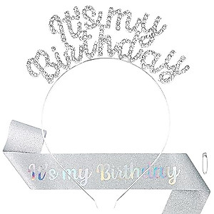 BAHABY Birthday Crowns for Women, It's My Birthday Sash & Birthday Headband Set Princess Birthday Sash and Rhinestone Tiara Birthday Gifts for Women Girls Sweet Happy Birthday Accessories for Party- Silver