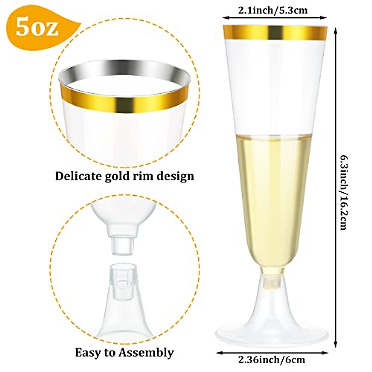 150 Pcs Champagne Flutes Plastic Champagne Glasses Clear Disposable Champagne Flutes Crystal Champagne Flutes Plastic Wine Glasses Plastic for Wedding Toasting Flutes Party Cocktail Cups (Gold)