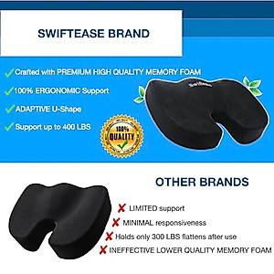 Swiftease Memory Foam Seat Cushion for Chair Long Sitting Hours Office Desk Car Chair Butt Pillow Body Travel Wheelchair Premium Gaming School Pain Relief and Travel Carrying Bag Included