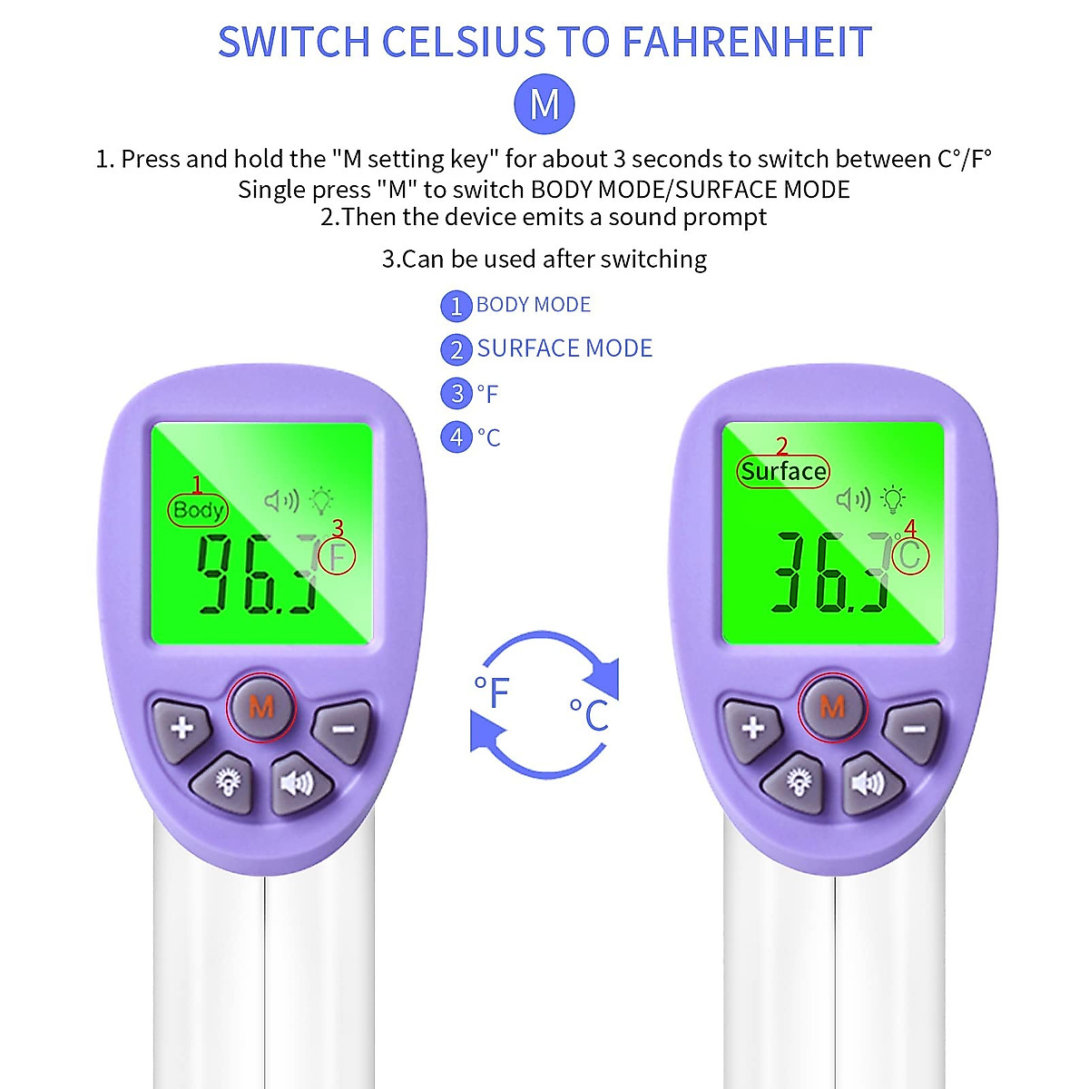 Forehead Thermometer, Non-Contact Infrared Adult and Child thermometers, with Fever Alarm, Accurate Reading and Memory Function, for Indoor and Outdoor use, 1 Second Results