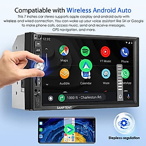 SANPTENT Double Din Car Stereo with Wireless Apple CarPlay & Android Auto, 7-Inch FHD Touchscreen Car Audio Receiver with Rear Camera, Subwoofer, FM Car Radio, USB/AUX/TF Input, Mirror Link, Bluetooth