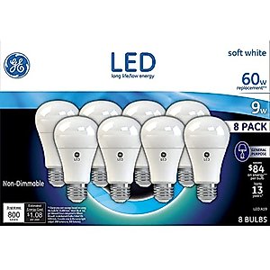 GE Lighting LED A19 Light Bulb with Medium Base, 9-Watt, Soft White, 8-Pack, Non-dimmable